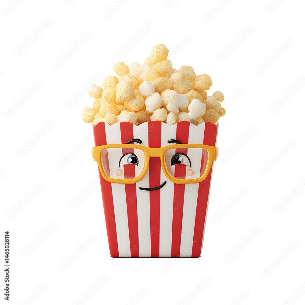 Popcorn character with glasses. Smiling face with popcorn coming out of ...