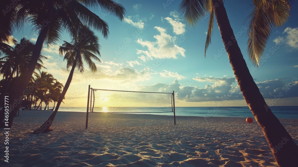 Empty beach volleyball court at sunrise with net and ball ready for a ...