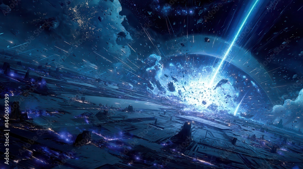 scifi TCG art of a laser beam, explosion laser debris, laser beam ...