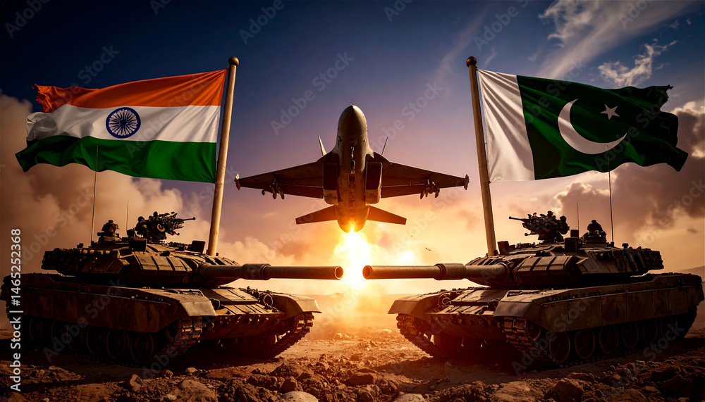 Indian and Pakistani tanks face off with national flags as a fighter ...