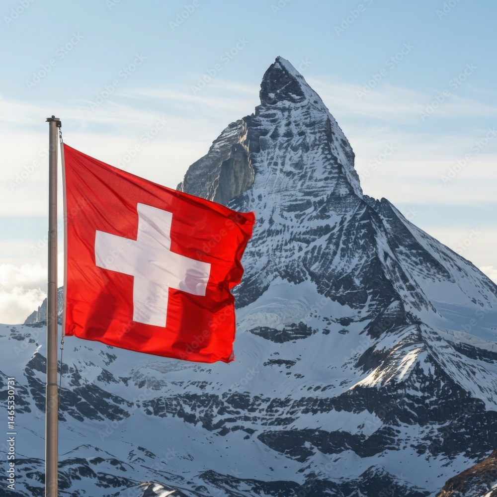 Photo Stock Waving Swiss Flag Symbolizing Alpine Nationhood Against the ...