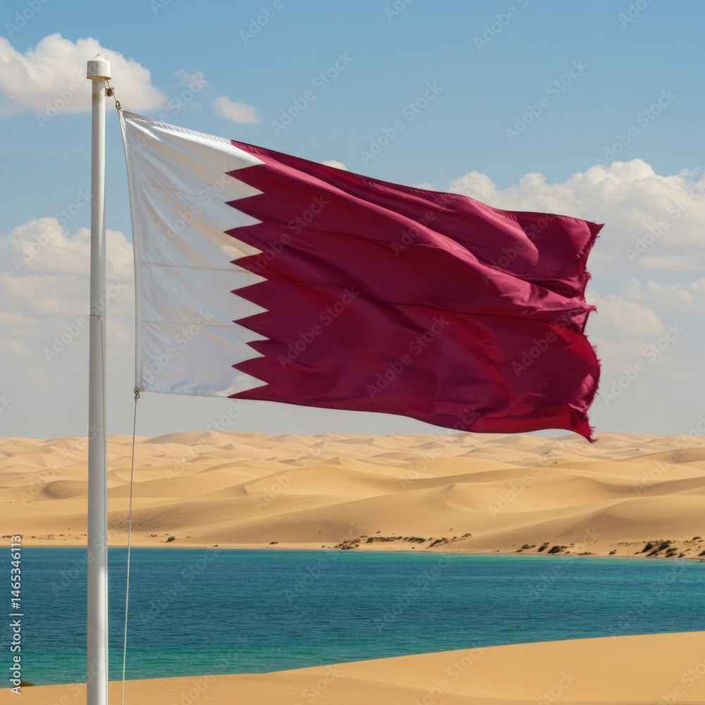 Waving Qatari Flag Symbolizing National Identity Where Desert Dunes ...