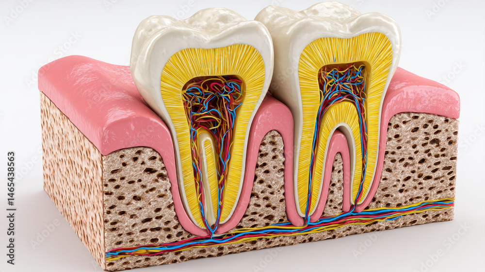 Anatomical tooth model cutaway showing roots and pulp, illustrating ...