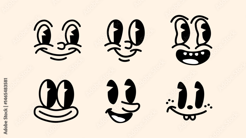 Vector vintage 50s cartoon faces and comic style happy expressions ...