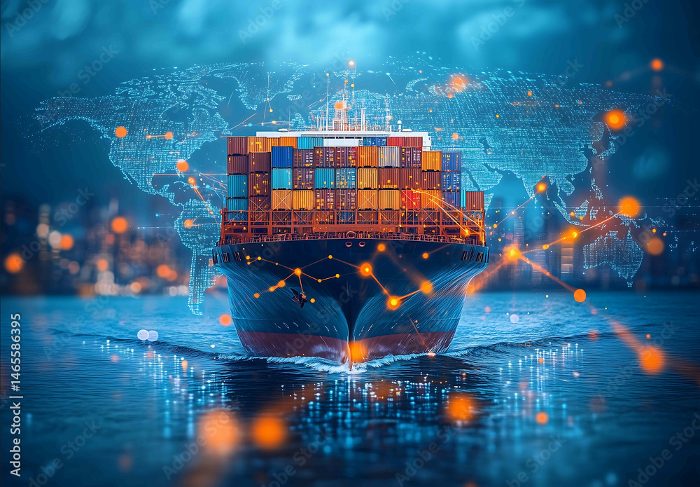 A cargo ship with containers is sailing on the sea behind it theres an ...