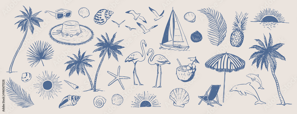 Summer beach doodles. Coastal vacation drawings. Hand drawn ...