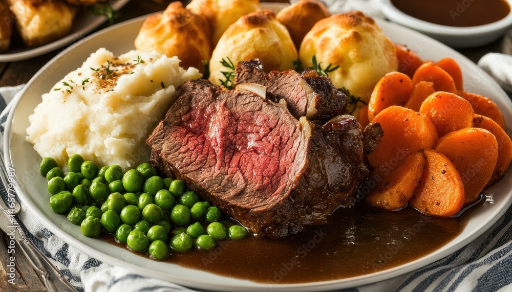 Roast Beef Dinner with Yorkshire Pudding Mashed Potatoes and Vegetables ...
