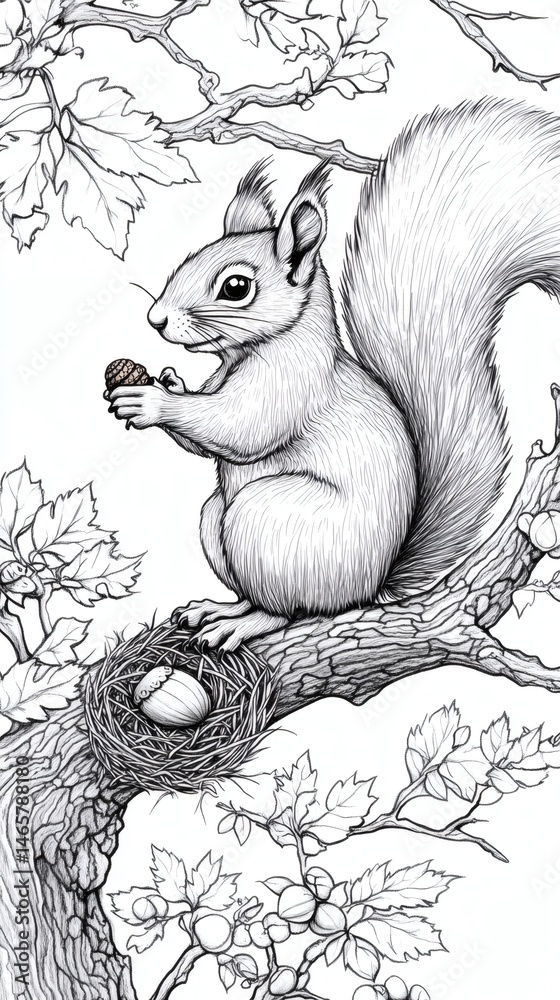 Squirrel illustration drawing of animal in tree with acorn and nest ...