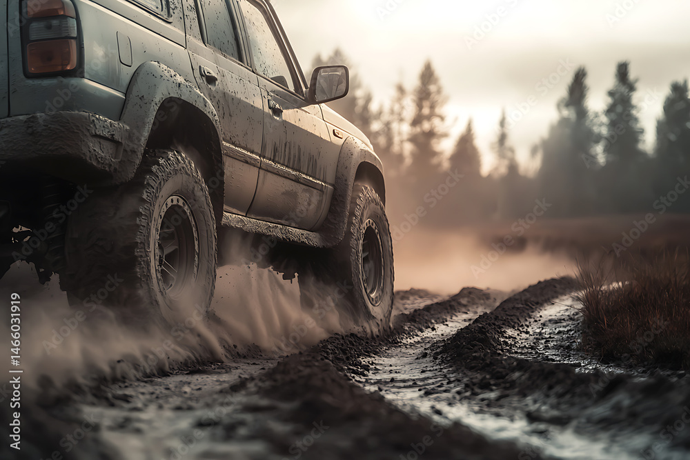 Off-road adventure in a muddy landscape with a four-wheel drive vehicle ...