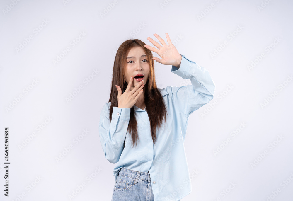 White background photo of woman showing shocked and terrified ...