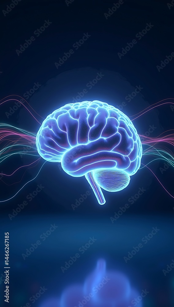 Stylized 3D brain floating in transparent space surrounded by animated waveforms and numerical ...