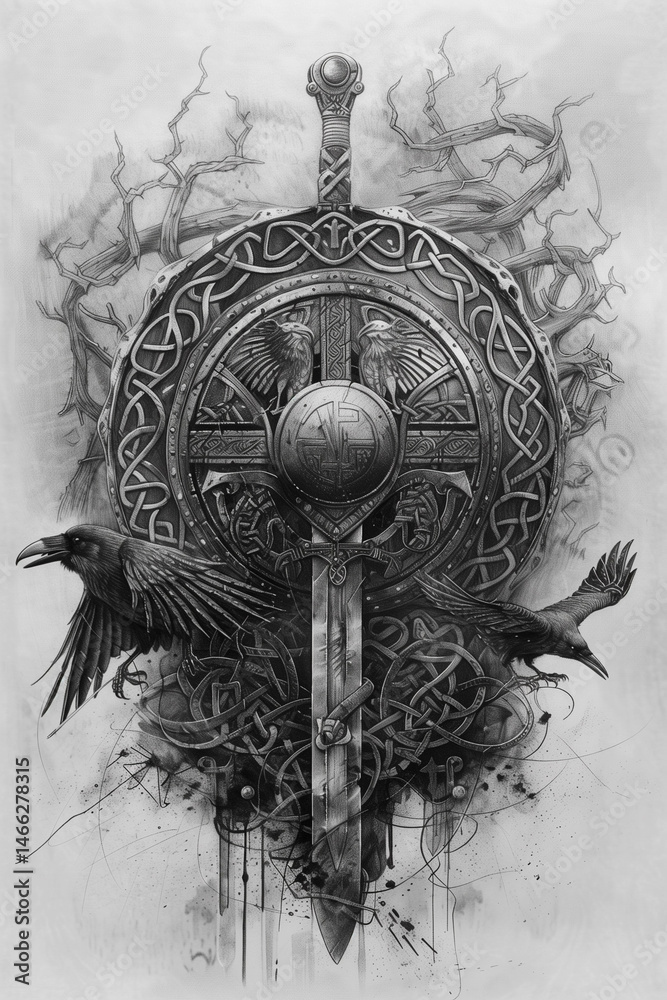 Viking tattoo sketch for shoulder and upper arm, central shield and ...