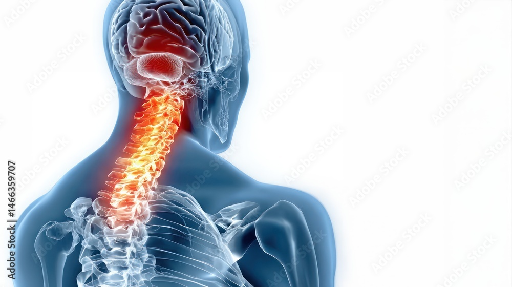 Human neck on white background with red pain highlight shows physical ...