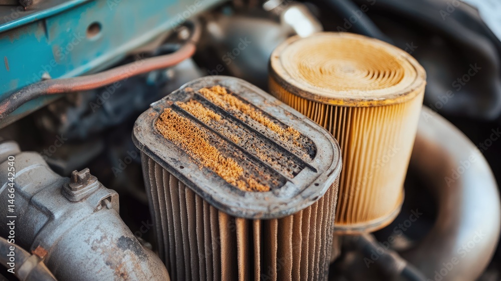 Dirty vs clean air filter laid side by side on a car engine Stock ...