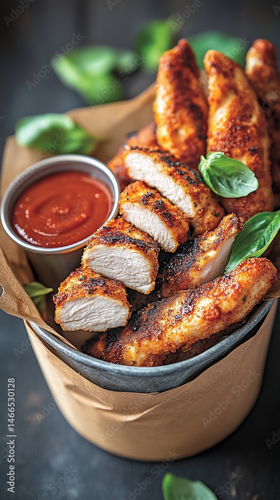 Crispy, seasoned chicken tenders in a tin bucket with dipping sauce ...