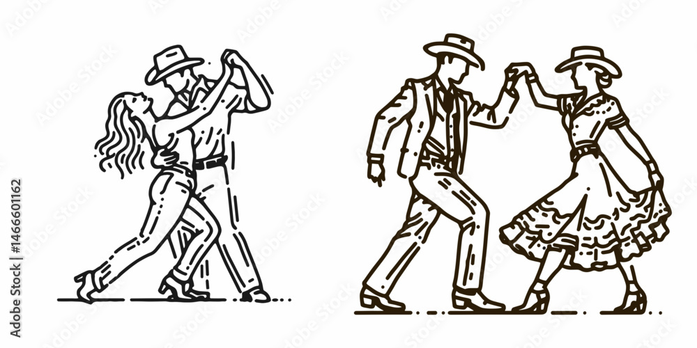 Cowboy Dancing with partner. Western rodeo Outline Clipart line art ...