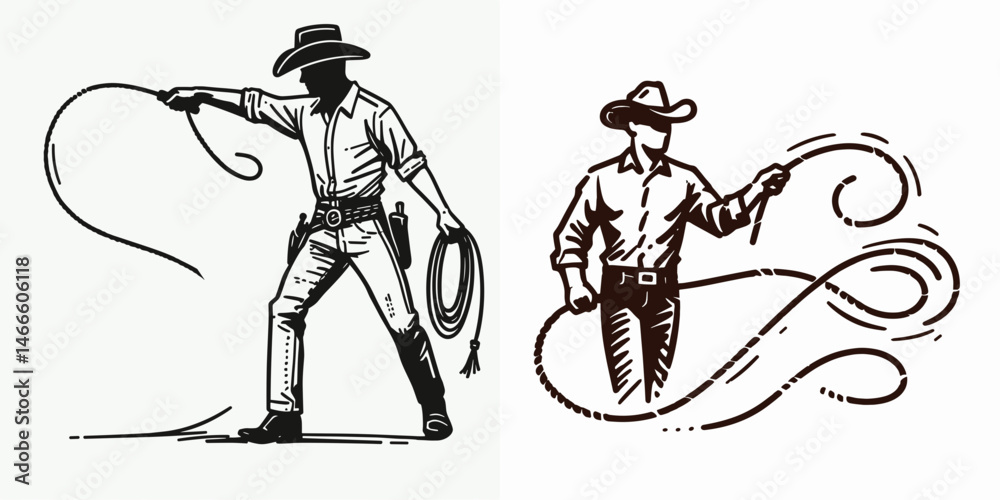 Cowboy Whipping lasso. Western rodeo Outline Clipart line art doodle ...