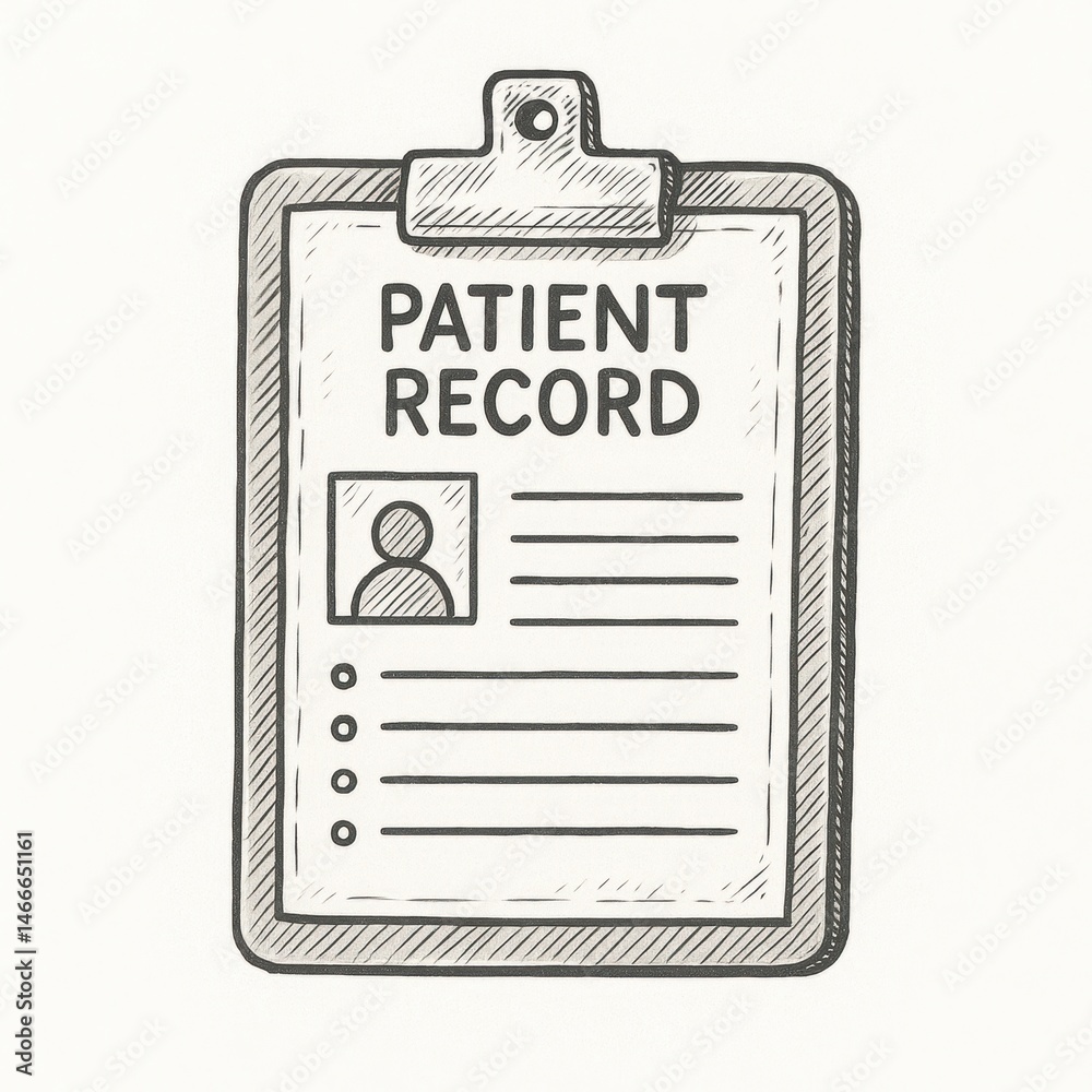 Hand-drawn clipboard with a patient record form, featuring an icon and ...