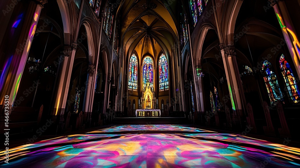 Shadowy church nave, vivid stained glass illuminating faint patterns on ...