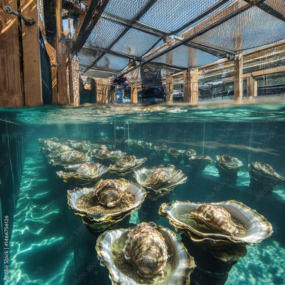 Oyster farm underwater split view showing aquaculture production in ...