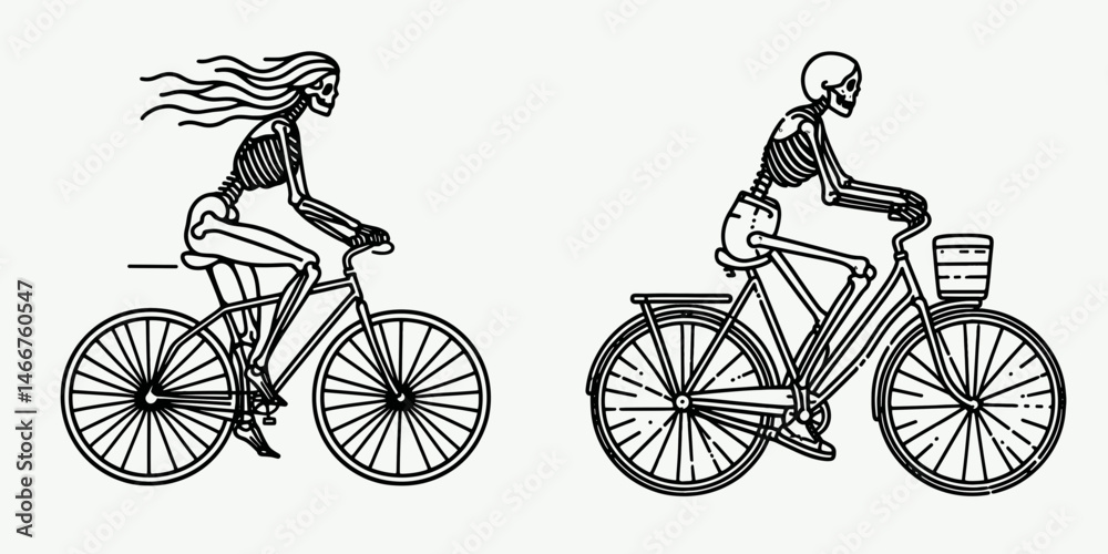 Female Skeleton riding bicycles. girl with messy bun Outline Clipart ...