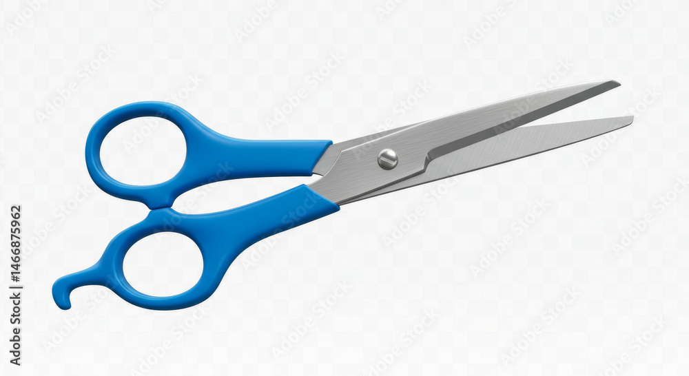 Blue handled, stainless steel scissors with a neutral white background ...