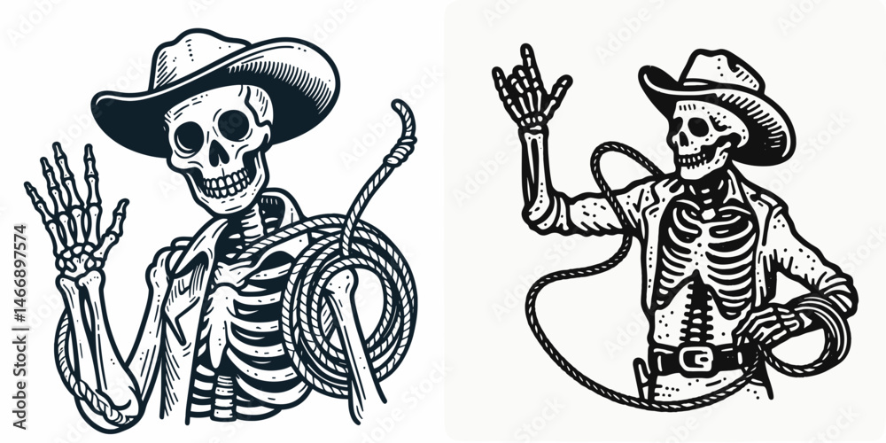 Skeleton as Cowboy Waving lasso. Western Outline Clipart ink line art ...