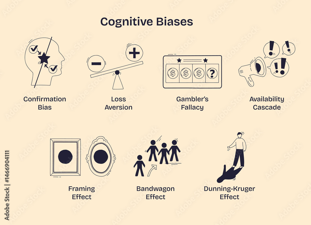 Cognitive biases are illustrated with simple icons showing concepts ...