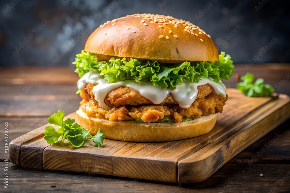 Chicken Burger "Crispy fried chicken burger with lettuce, mayo, and ...