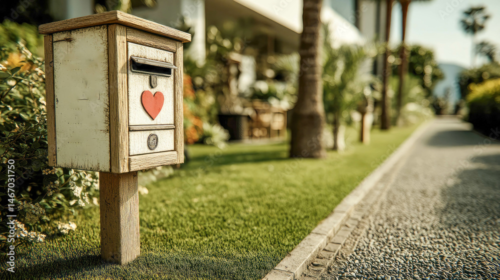 A sleek modern mailbox on grass with a red heart-shaped flag symbolizes ...