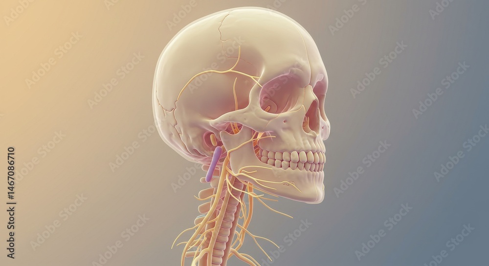 Human Skull Anatomy: Detailed 3D Model of Cranial Nerves and Cervical Spine Stock Illustration ...