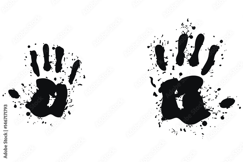 Human handprints with black paint splatters, set of small and large ...