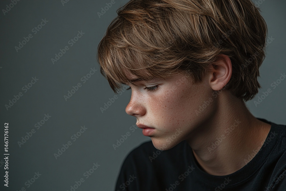 Teenage Boy Profile Portrait with Natural Light On Neutral Background ...
