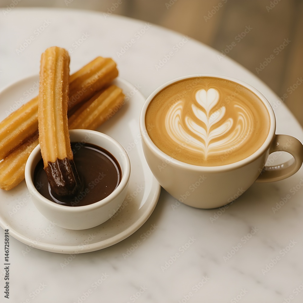 Churros con chocolate y café con leche con arte latte en taza sobre ...