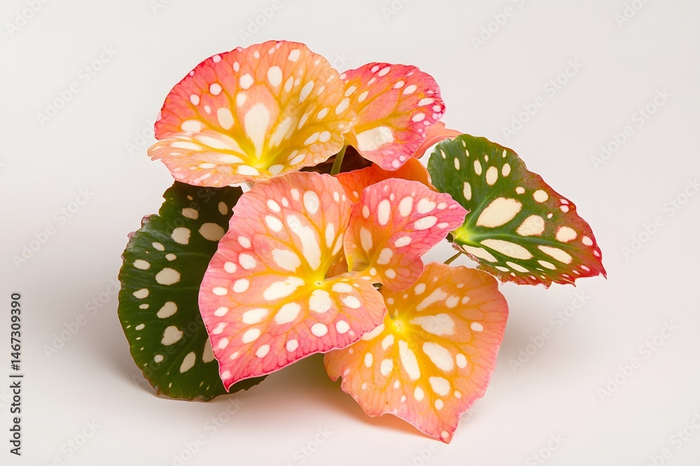 Colorful spotted begonia plant leaves displayed on a clean white ...