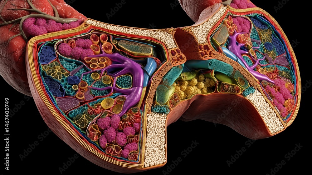 Detailed medical illustration of thymus gland and its relationship to ...