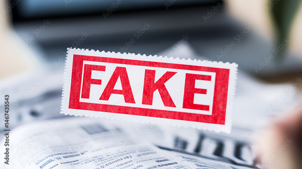 Fake News Alert: A red stamp reading "FAKE" is placed over a newspaper ...