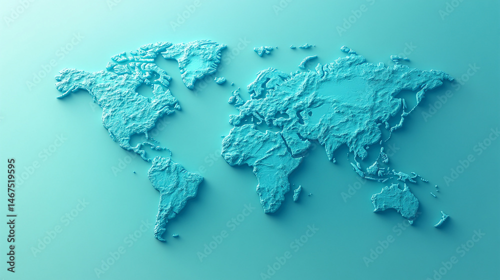 3D world map rendered on a plain gradient background. Symbolizes global ...