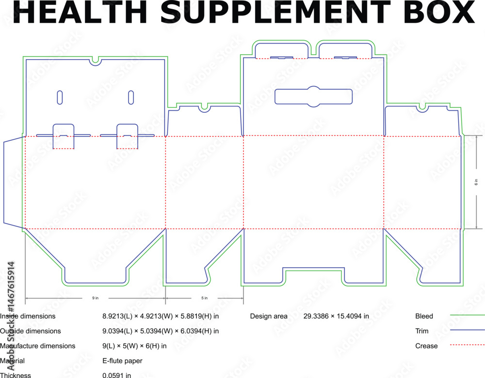 Detailed vector outline design of a health supplement box displaying dimensions and packaging ...
