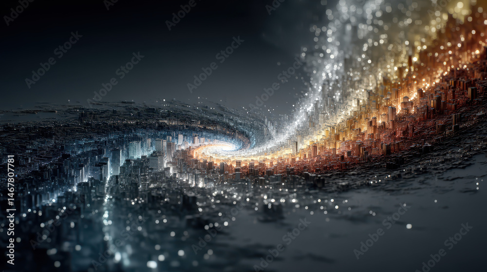 Dynamic spiral of geometric shapes and flowing lines represents diverse ...