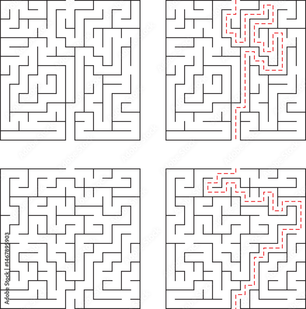 Stock-Vektorgrafik „Four square black and white mazes with two solved ...