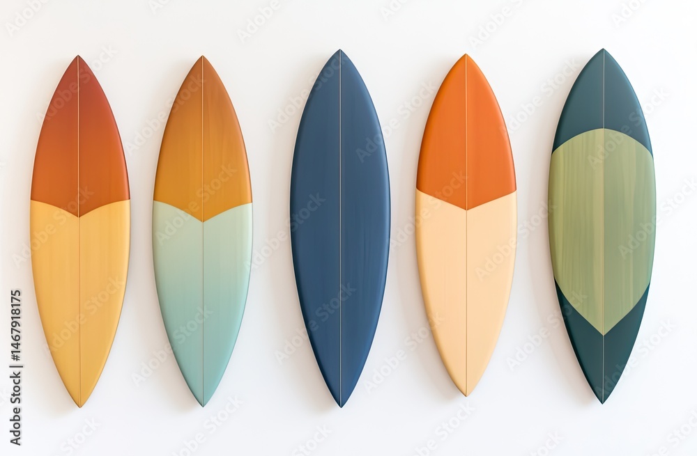 Five colorful surfboards, displayed horizontally against a white ...