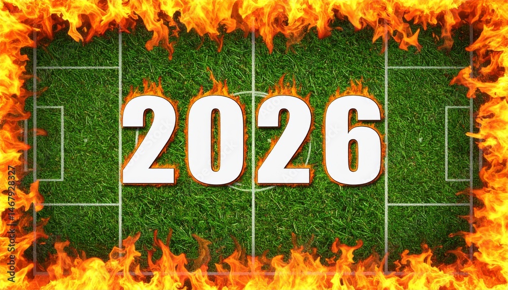 Fiery Football 2026 - A soccer field engulfed in flames, with the year ...
