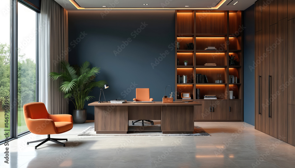 Modern office interior with navy wall, wooden desk, orange chair ...