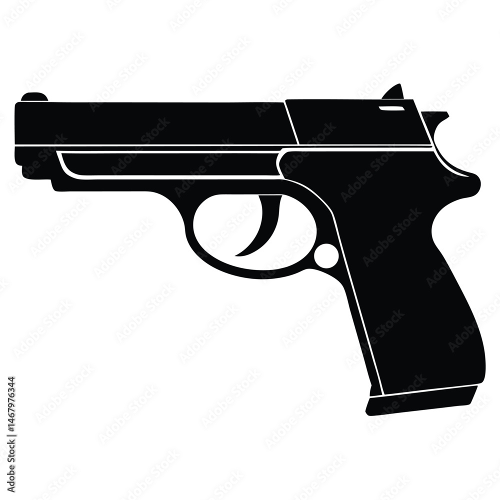 Black silhouette depicts a semiautomatic pistol with a detailed trigger ...