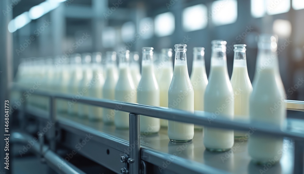 Milk bottles moving on conveyor belt at dairy factory. Dairy production ...