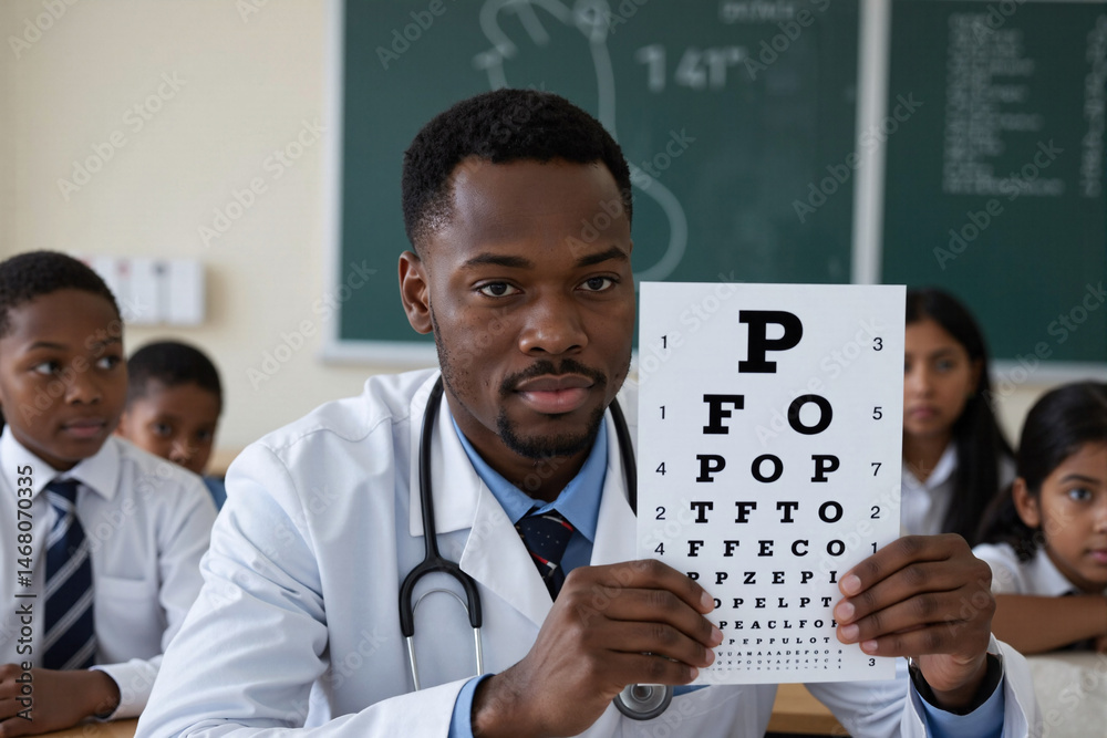 Black male doctor or teacher conducting a vision screening with an eye ...