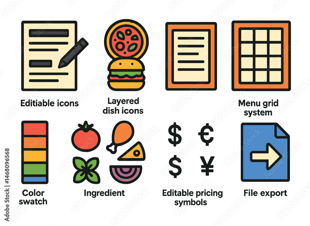Flat vector icons of printable and editable menu assets: editable menu ...