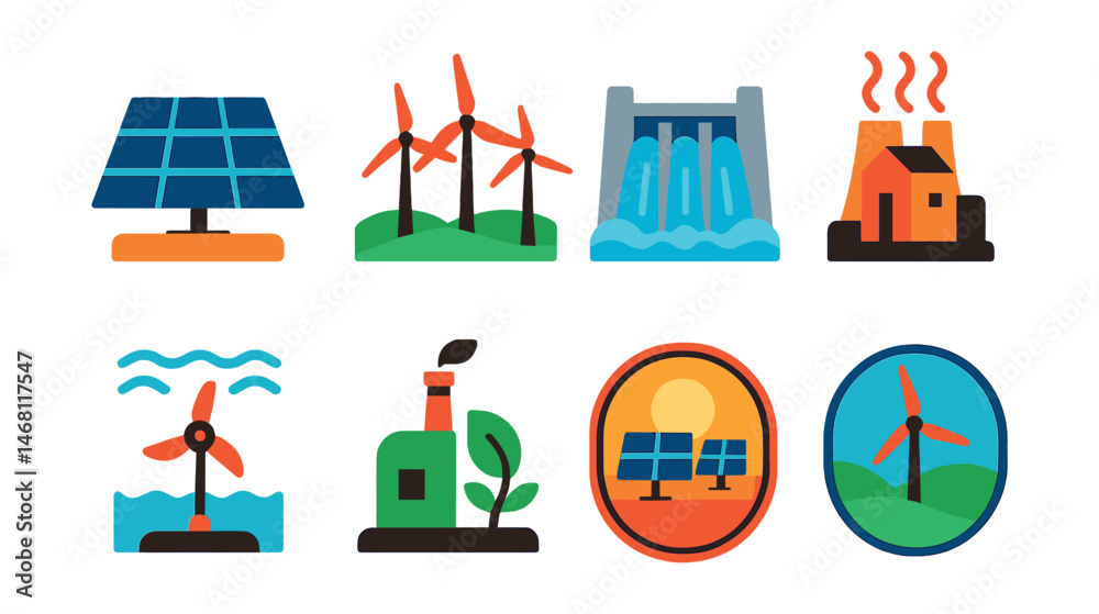 Flat vector icons of renewable energy sources: solar panel array, wind ...
