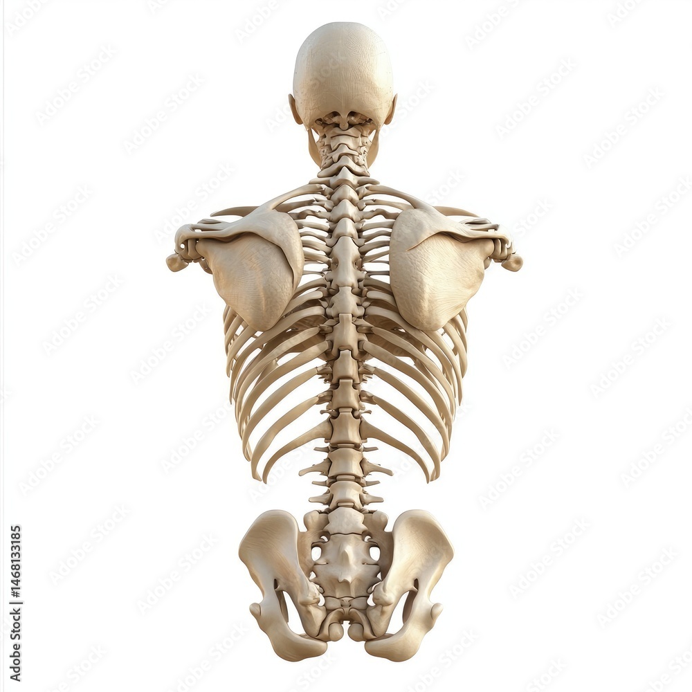 Human skeletal structure, posterior view. Detailed anatomical ...